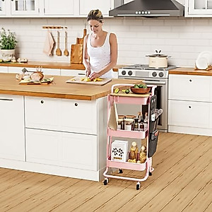 DTK 3 Tier Metal Utility Rolling Cart with Table Top and Side Bags, Metal Tray Storage Organizer Cart with Wheels, Art Craft Cart with 4 Hooks for Kitchen Bathroom Office Living Room (Pink)