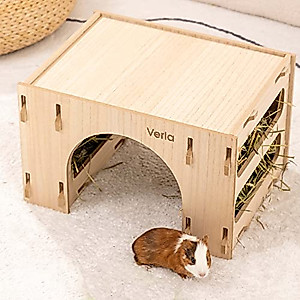 Clearance- Guinea Pigs Hay Feeder, 3-in-1 Double Hay Rack Wooden Hideout and Tunnel Combi for Bunny Rabbit Chinchila Guinea Pigs Family, HDF Durable Habitat Furniture