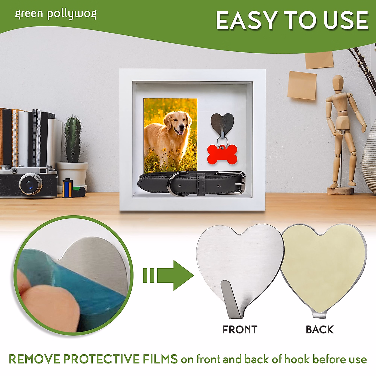 Green Pollywog Pet Memorial Shadowbox with Photo, Tag & Collar Display | White Frame with 4” x 6” Picture Opening | 10” x 10” x 2.5” Keepsake Box