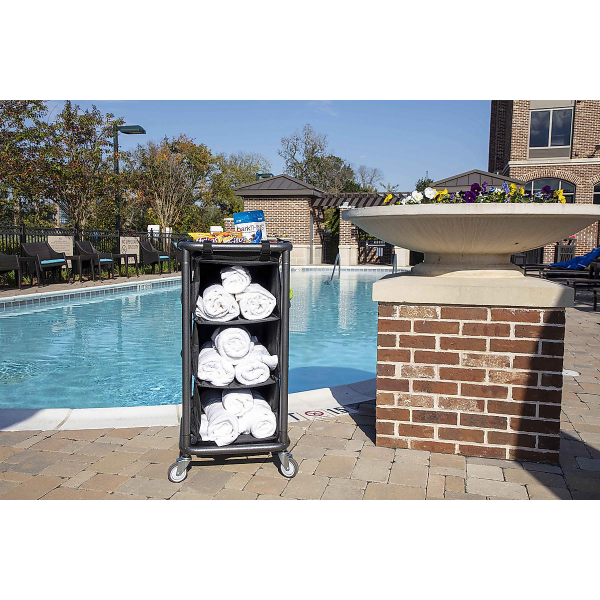 Housekeeping and Janitorial Cart with Rolling Wheels, Black Bag, Compact Steel Frame, Hammertone Finish