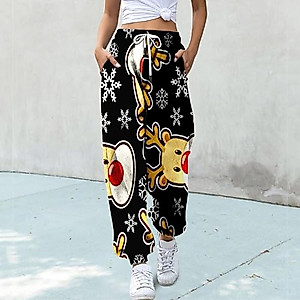 Baggy Sweatpants,High Waisted Sweatpants for Women Christmas Print Elastic Waisted Graphic Sweatpants Drawstring Straight Leg Lounge Bottoms Snowflake Graphic Print Black XL