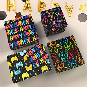 ZINTBIAL Gaming Birthday Wrapping Paper for Boys Girls Kids Baby Shower - Black Gift Wrapping Paper with Colorful Gamepad, Pink Headphones, Happy Birthday - 20 x 29 Inches per Sheet (8 Folded Sheets), Recyclable, Easy to Store, Not Rolled