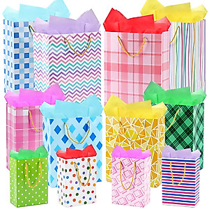 Moretoes 12 Pack Gift Bags Assorted Sizes and Designs, Gift Bag Set with Handle and Tissue Paper for Birthday, Baby Showers, Wedding, Valentine's Day (4 Small 8", 4 Large 13", 4 Extra Large 16")