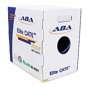 Cat6 Riser (CMR), Ethernet Cable 1000 feet, Blue, No Spline, Unshielded Twisted Pair (UTP) 23AWG, Solid Pure Bare Copper, 550MHz, UL Certified, Easy to Pull (Reelex II) Box, Bulk Networking LAN Cable