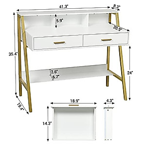 Tiptiper Computer Desk with Drawers, 41 Inches Modern Home Office Desk with Storage Shelf & Monitor Stand, Simple Style Study Writing Table Laptop PC Workstation, Metal Frame, White and Gold