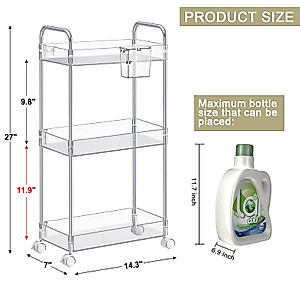 SPACEKEEPER 3 Tier Acrylic Storage Rolling Cart Clear Bathroom Cart Organizer, Transparency Laundry Room Organization Mobile Shelving Unit Multifunction Rolling Utility Cart for Office Living Room