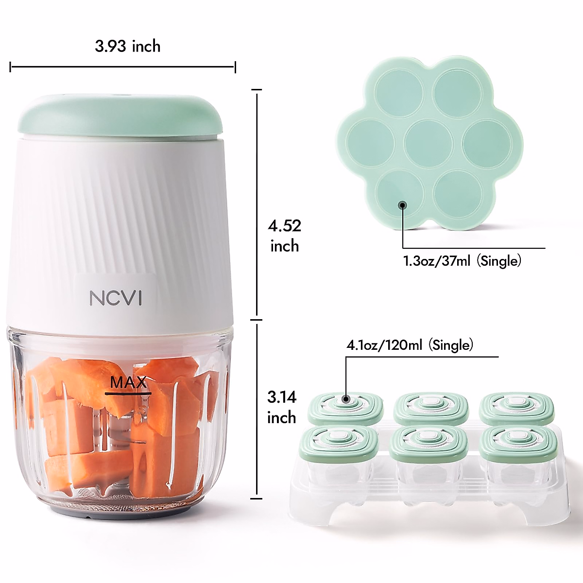 NCVI Puree Baby Food Processor Glass Set, Mini Infant Food Maker Blender Machine with 8 Blades and Grinding Disc, Small Blender Including Food Containers, Silicone Tray and Tableware, Green
