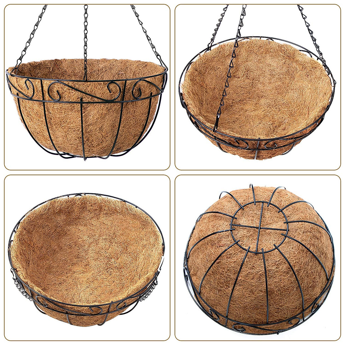 AMAGABELI GARDEN & HOME 4 Pack 14 Inch Plant Hanging Baskets Metal for Flowers Round Outdoor Hanging Pots Holder Hanger Metal with Coco Liner Chain Large Artificial Plants Decoration Black Basket14