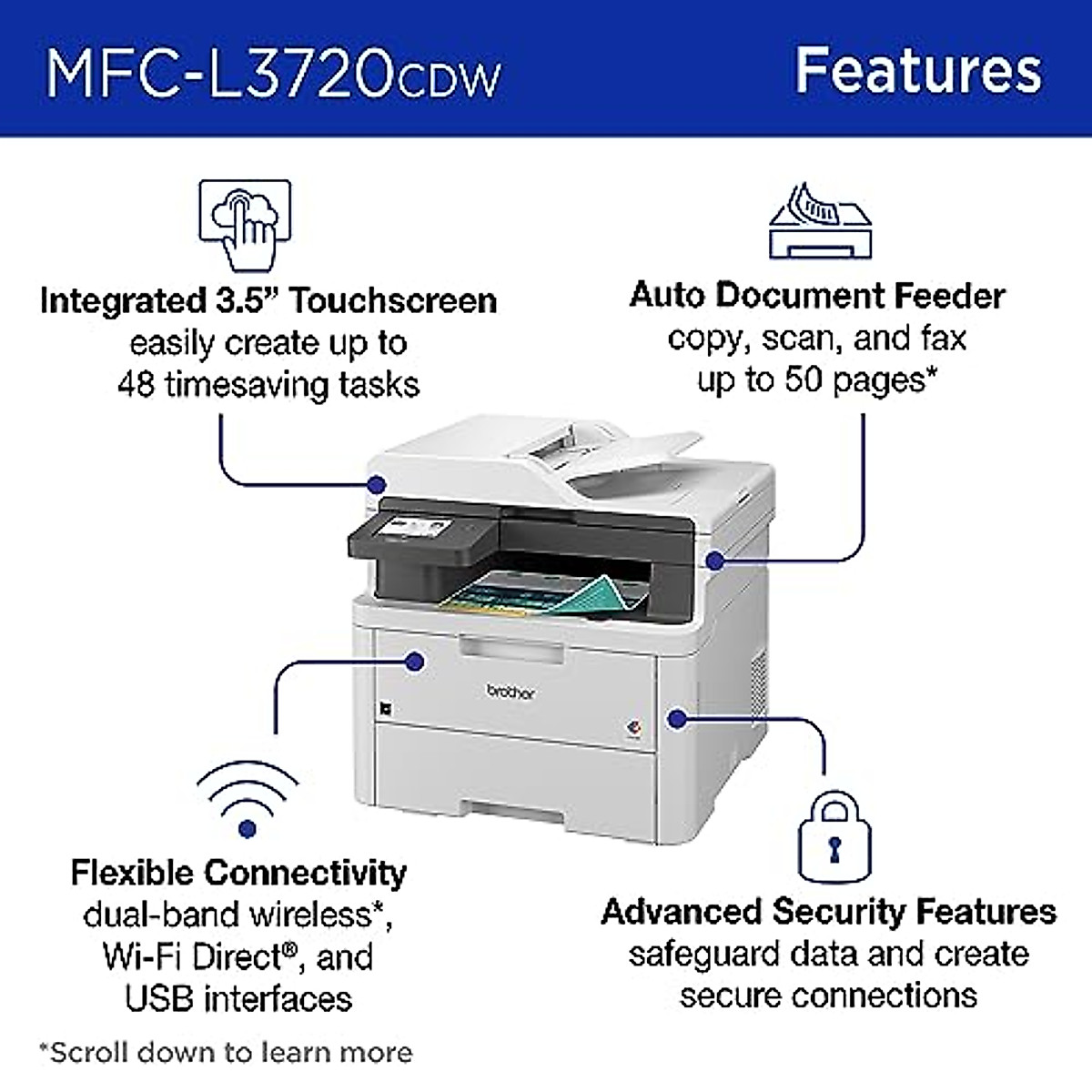 Brother MFC-L3720CDW Wireless Digital Color All-in-One Printer with Laser Quality Output, Copy, Scan, Fax, Duplex, Mobile Includes 2 Month Refresh Subscription Trial ¹ Works with Alexa