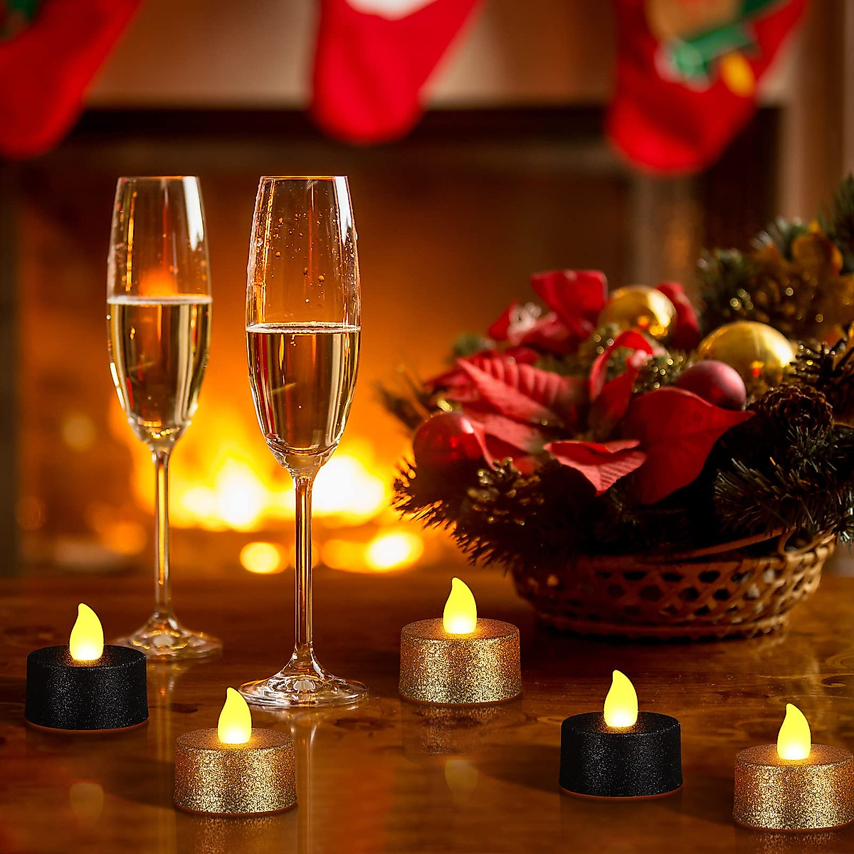 Mudder 48 Packs Valentine's Day Glitter LED Tealights Flameless Candles Battery Operated Votive Tea Lights with Warm Yellow Light for Wedding Centerpieces Table Anniversary Party(Gold, Black)