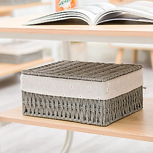 GIB Wicker Woven Storage Baskets with Lids Set of 3 Size, Paper Rope Small Nesting Baskets Removable Liner Container Bins for Shelves Desk Keys Gifts Makeup Organizer, Grey