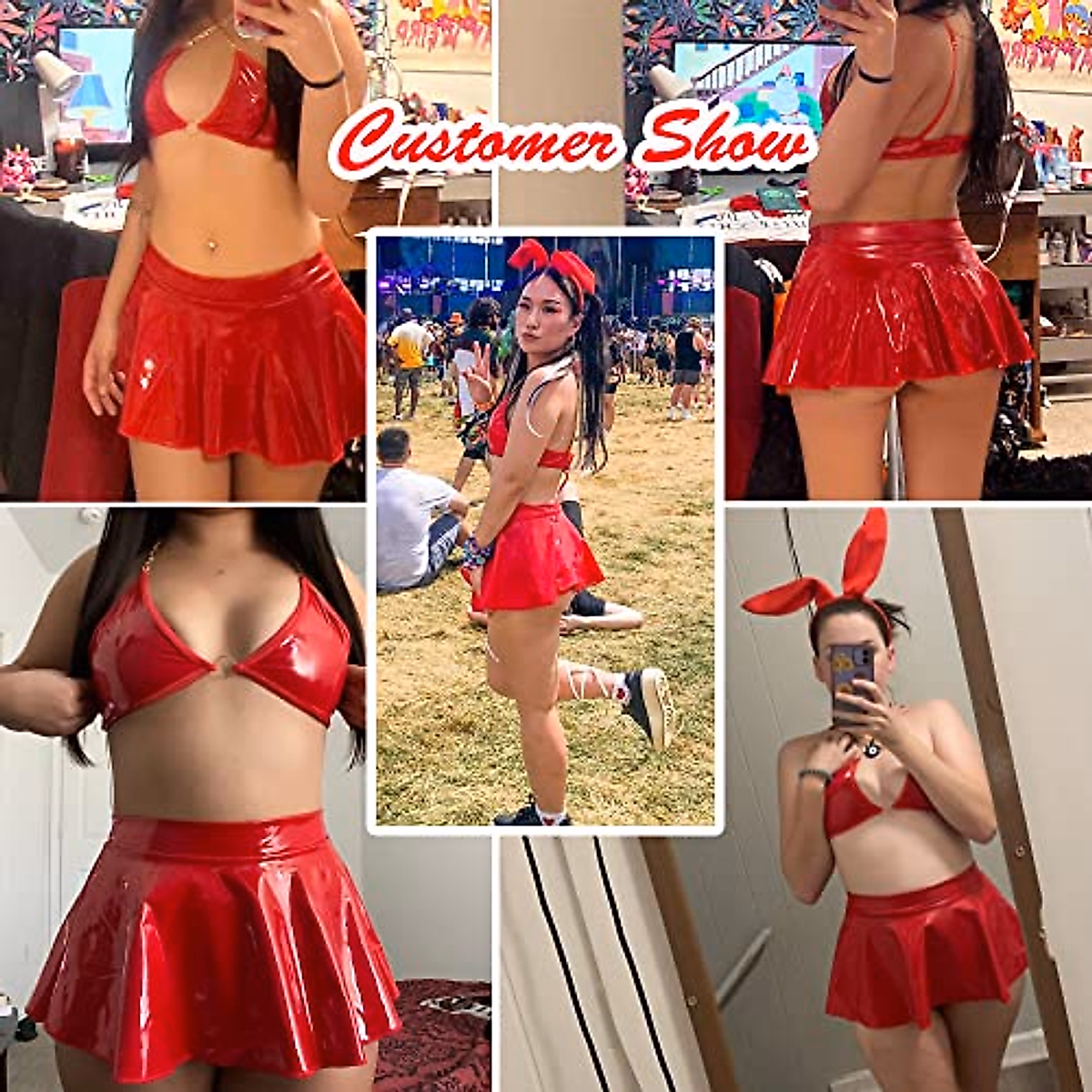 Avidlove Cosplay Lingerie for Women Sexy Bunny Costume Latex 4pack Ring Chain Linked Cut-out Halloween Outfit Set(Red,XL)