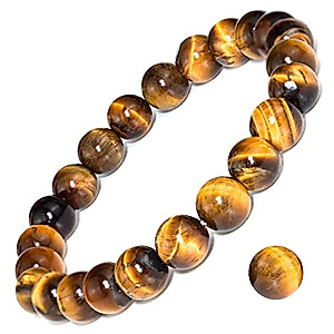 DAZCOLO Natural Gemstone Bracelet 7.5 In Stretch Gems Stones 8mm Round Beads Healing Crystals Quartz Women Men Girls Gifts (Golden Tiger Eye)