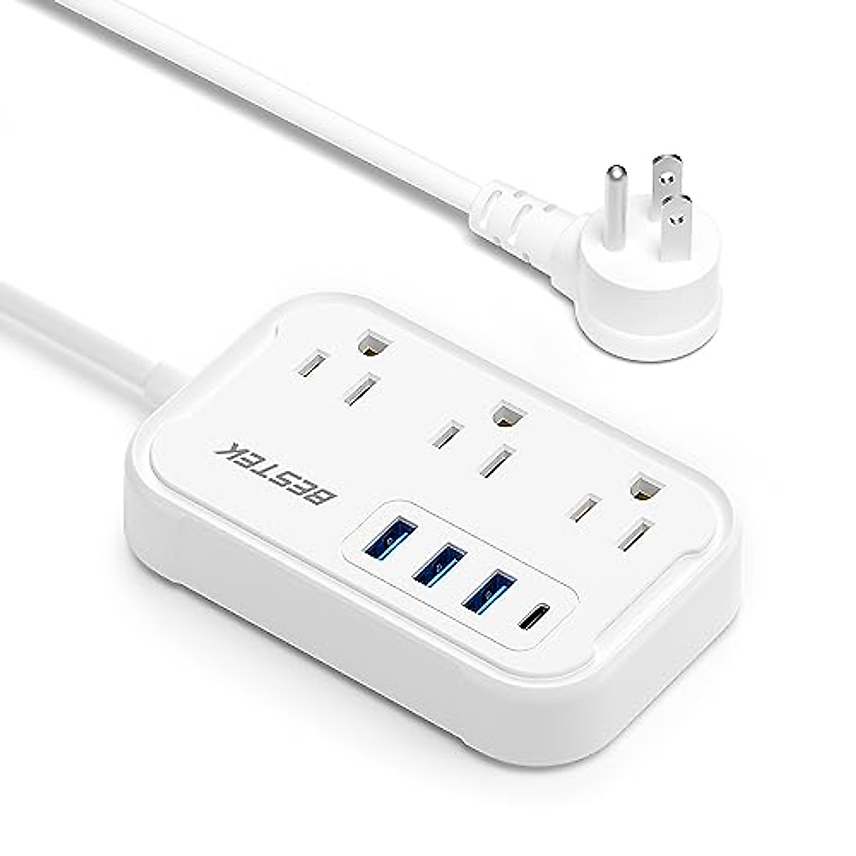 BESTEK Travel Power Strip, Cruise Ship Essentitals with USB C,Flat Plug Extension Cord with 3 Outlets 4 USB Ports(1 PD20W),5 ft Desk Wall Outlets Extender,Non Surge Protector for Cruise