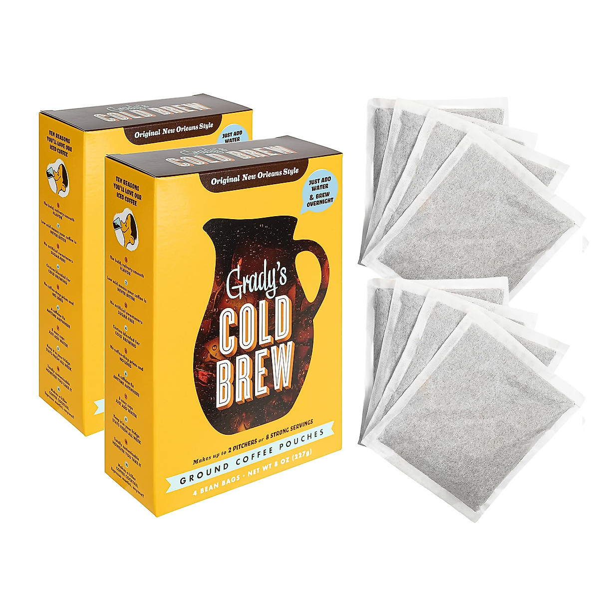GRADY’S COLD BREW Coffee Pouches | New Orleans Style | 100% Arabica Ground Coffee & Chicory | TWO Boxes of Four Easy-to-Brew Bean Bags | Makes 24 drinks