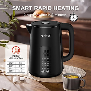Onlicuf Temperature Control Electric Kettle, Long-term Keep Warm 304 SS Interior 1.7 L Electric Tea Kettle & Hot Water Boiler with Real Time Display,Auto-Off & Boil-Dry Protection, BPA Free