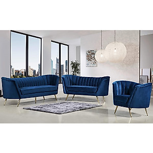 Meridian Furniture Margo Collection Modern | Contemporary Velvet Upholstered Sofa with Deep Channel Tufting and Rich Gold Stainless Steel Legs, Navy, 88" W x 30" D x 33" H