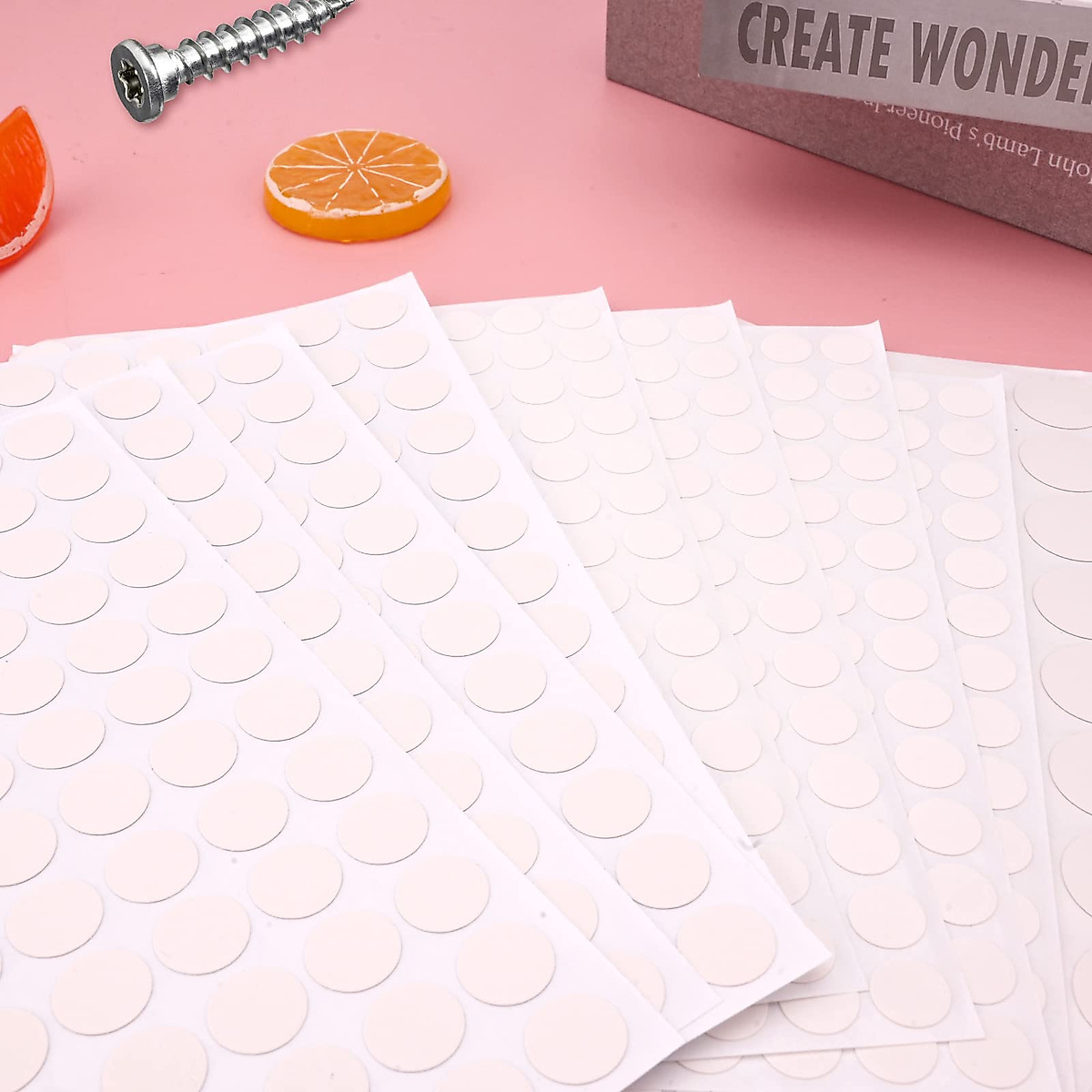 Bekecidi 12 Sheets 1160pcs Screw Hole Stickers, 3 in 1 Self-Adhesive Screw Hole Stickers Plastic Screw Cap Covers Sticker for Wood Cabinets Furniture Screws White