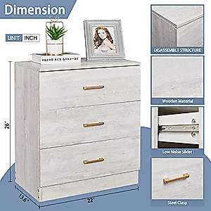 GREATMEET FATIGOS 3 Drawers Dresser Chest,Wood Dresser Storage Cabinet with Golden Handle, Flower White Cabinet for Living Room,Bedroom,Entryway