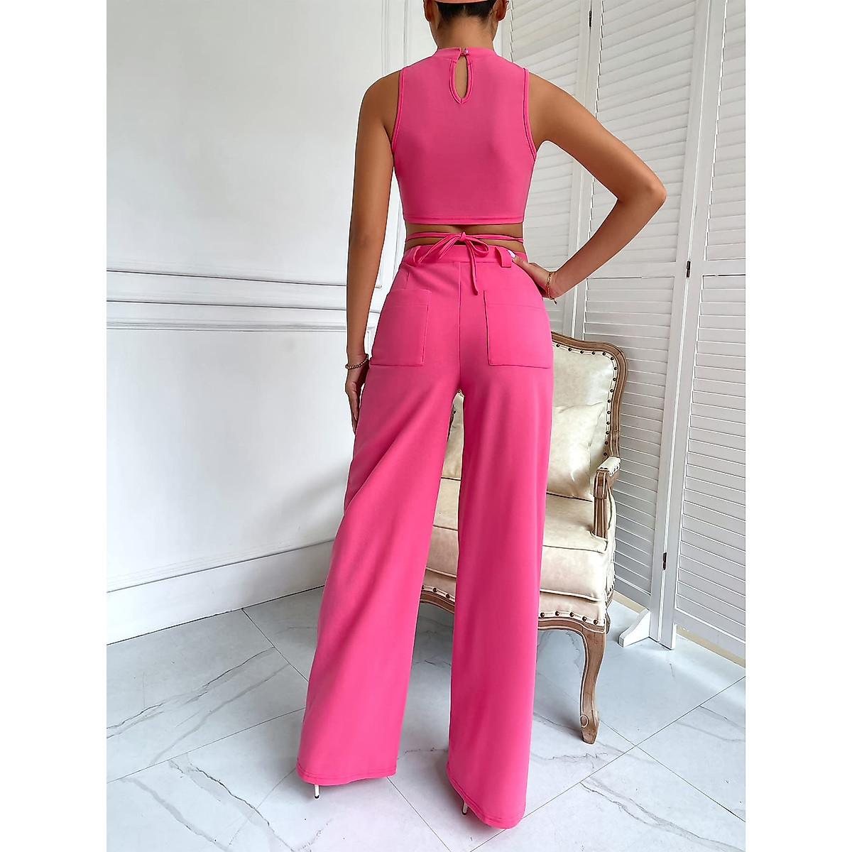 MakeMeChic Women's 2 Piece Outfits Mock Neck Criss Cross Crop Tank Top and Wide Leg Pants Set Hot Pink L