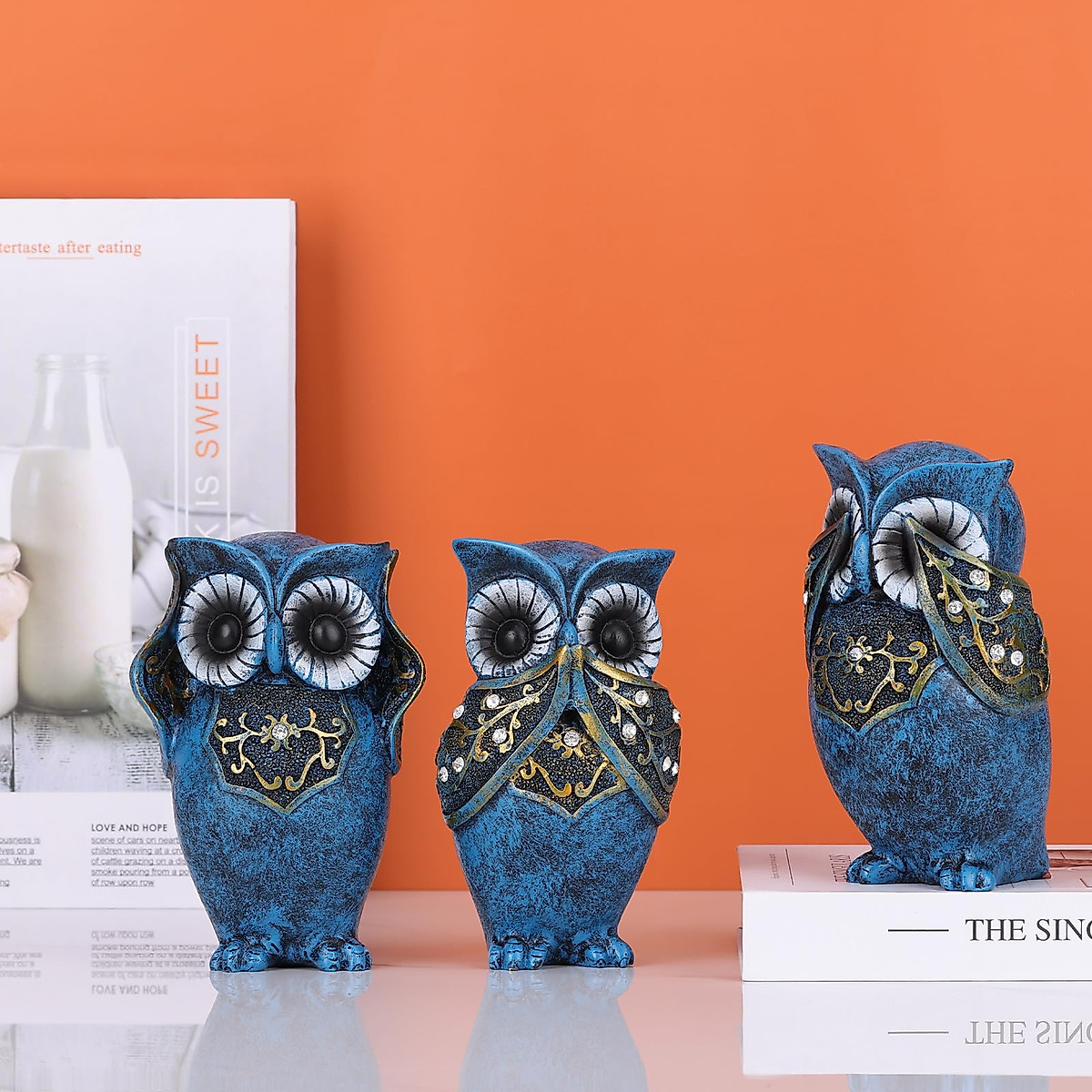 Owl Statue 3 Piece Set, Don't Look, Don't Hear, Don't Tell Owl Decor, Three Wise Owl Figurines for Shelf Decor, Living Room Bedroom Room Decor, Blue and Gold Home Decor