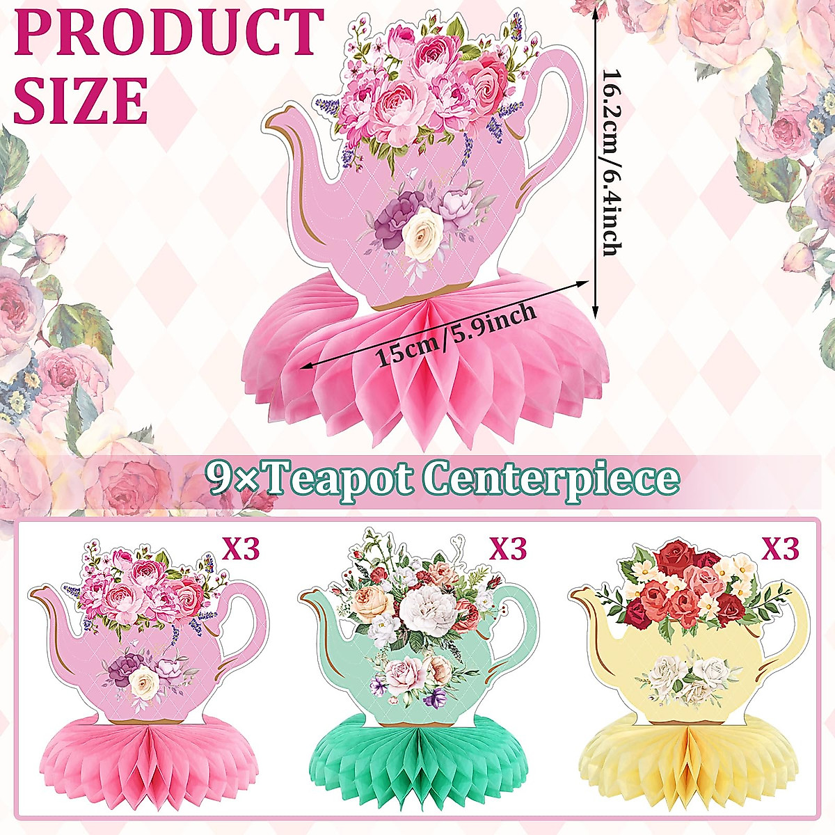 Jexine 9 Pcs Tea Party Centerpieces for Tables Princess Party Floral Teapot Honeycomb Decorations Tea Party Table Decor Teapot Decors for Summer Birthday Baby Shower Wedding Supplies (Classic Style)