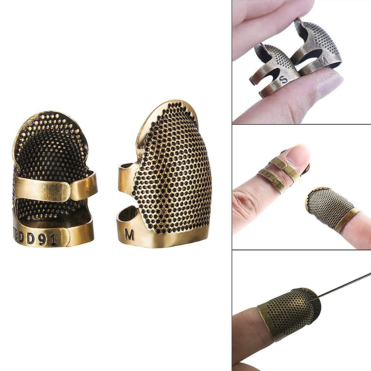 Quadow 4 Pieces Sewing Thimble, Metal Copper Sewing Thimble Finger Protector Adjustable Finger Shield Ring Fingertip Thimble Sewing Quilting Craft Accessories DIY Sewing Tools(