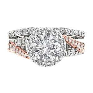 2.32 ct Round Cut Clear Simulated Diamond 14k White Rose Gold Halo Solitaire W/Accents Wedding Bridal Ring Band Set Sz 8.5
