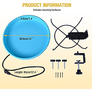 Tetuga Bird Bath Deck Mounted Bowl 12 Inches with Adjustable Clamp for Outdoor Bird Baths for Outside Weather Resistant Durable Birdbath for Garden Patio Lawn Yard Deck Railing (Blue)