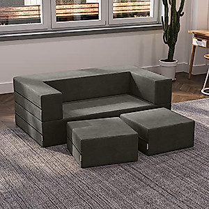 Jaxx Zipline Convertible Sleeper Loveseat & Ottomans, Textured Microvelvet - Charcoal