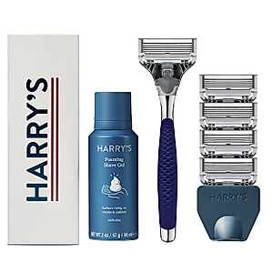 Harry's Shaving Kit for Men - Razor Handle, 5 Razor Blade Refills, Foaming Shave Gel, and Travel Blade Cover - Chrome Edition