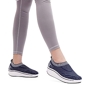 DADAWEN Women's Slip On Breathable Walking Shoes Comfort Fitness Wedge Platform Sneakers Navy US Size 7.5