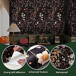 Floral Peel and Stick Wallpaper Boho: 118" X 17.7" Removable Wallpaper Easy Peel Off wallpaper for Bedroom Black Wallpaper Dark Wild Flowers Self Adhesive Contact Paper Renter Friendly Wall Paper