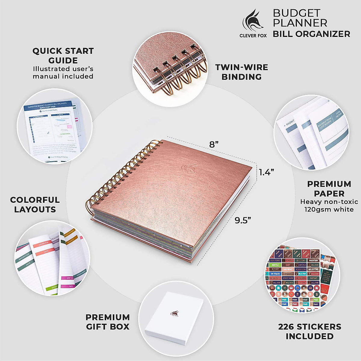Clever Fox Budget Planner & Monthly Bill Organizer With Pockets. Expense Tracker, Budgeting Journal & Financial Book. Large, 8x9.5" (Rose Gold)
