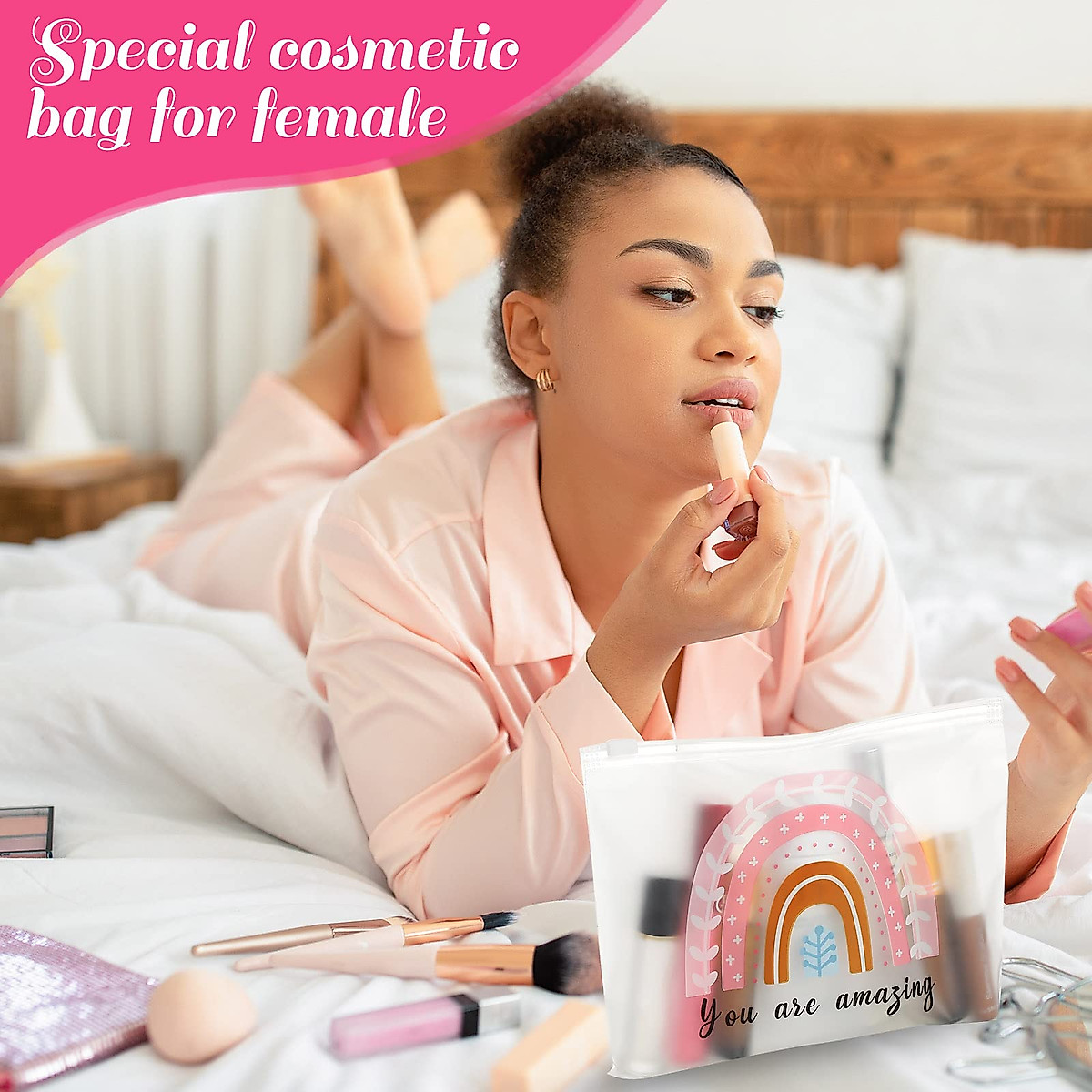 Reginary 50 Pcs Inspirational Gifts Bulk for Women Cosmetic Bag EVA You Are Braver Awesome Makeup Bag Mini Toiletry Bag with Zipper Encouragement Birthday Gift for Friend (Boho Amazing)