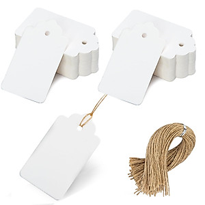 Koogel 100PCS White Paper Tags, Gift Tags with String 3.3x1.8 Inch Name Tags Hang Labels Price Tags for Clothes Gift Wedding DIY Crafts