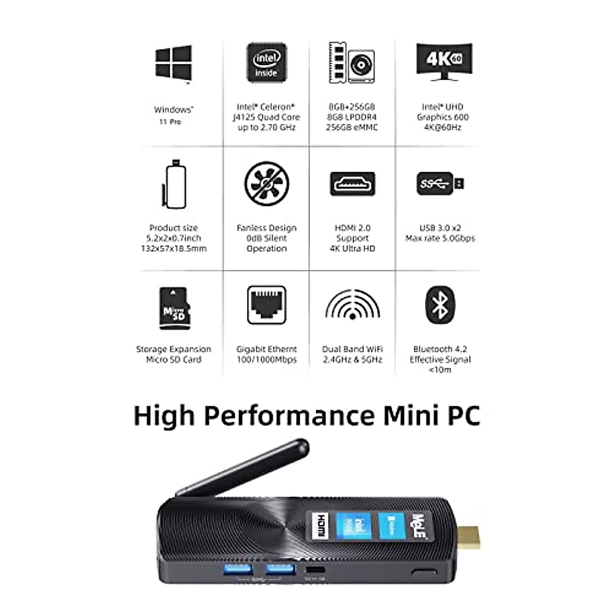 MeLE PCG02 Fanless Mini PC Stick Desktop,J4125 8GB 256GB Windows 11 Pro 4K HDMI Portable Small Computer, Support Win10 pro PXE Unlocked Bios Gigabit Ethernet, Work on Media Industry IoT Office