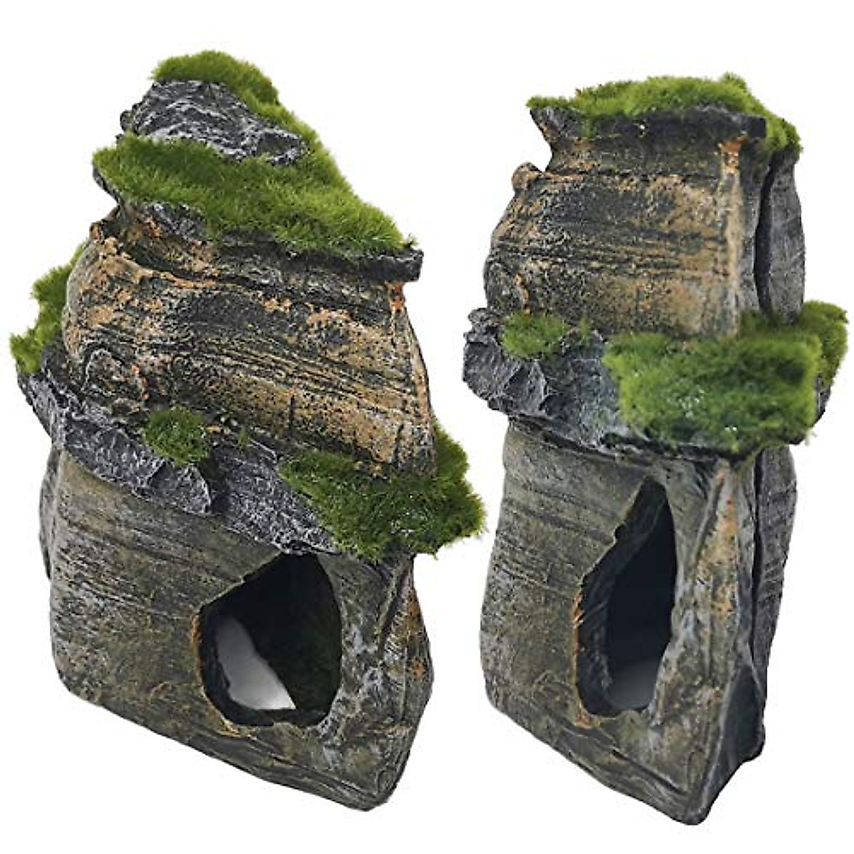 PINVNBY Aquarium Rock Cave, Hollow Fish Tank Ornament, Betta Hiding Hut Resin Mountain Landscape with Moss for Shrimps Guppies Cichlids Playing Resting