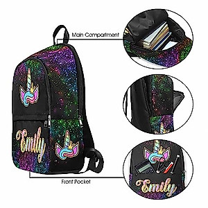InterestPrint Custom Backpack with Name Rainbow Sparkle Personalized Name School Backpack for Boys Girls, Customized Student Bookbag for Travel, Work and School Birthday School Season Gift