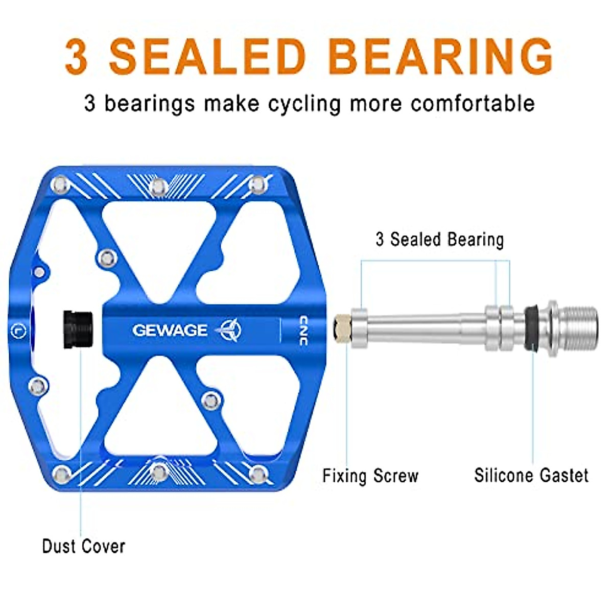Bike Pedals 9/16 Inch - Bicycle Pedals with Reflectors - 3 Sealed Bearings MTB Pedals Wide Platform Pedals for Mountain Bike, BMX, Road Bike Pedals (Blue)
