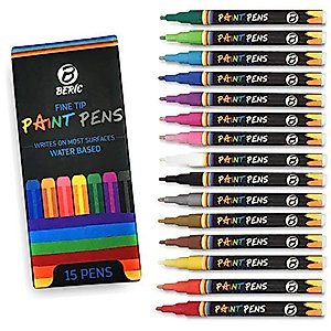 Beric Premium Paint Pens 15 pack, Water-based, Marker, Fine Tip, Writes on Almost Anything, Water and Sun Resistant Vibrant Colors Low Odor Long Lasting, Fast Drying Assorted Colors