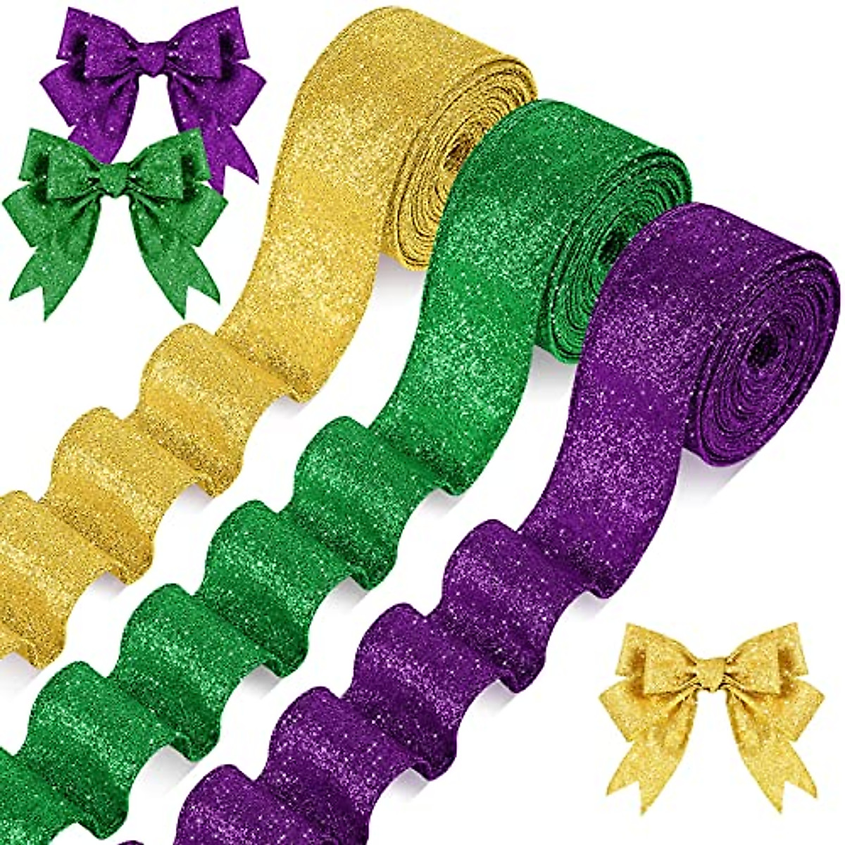 3 Roll 30 Yards Halloween Glitter Wired Ribbon Halloween Party Favors Decor Gift Wrapping Ribbon for Craft Headband Bow Decor (Gold, Purple, Green, 1.5 Inch)