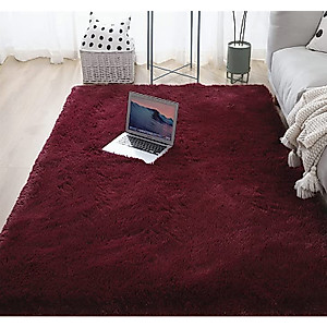 Shaggy 3.2' x 5.2' Area Rug Modern Indoor Plush Fluffy Rugs, Extra Soft Comfy Carpets, Cute Cozy Area Rugs for Bedroom Living Room Girls Boys Kids, Red Wine