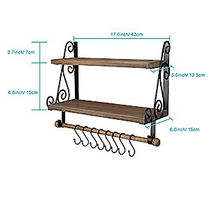 Halcent Floating Shelves Wall Mounted Storage Shelves, 2-Tier Rustic Farmhouse Wood Wall Shelf Kitchen Spice Rack Bathroom Shelf with Towel Bar and 8 Hooks