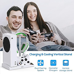 Cooling Fan with Charging Stand for Xbox Series S Console and Controller, Dual Charger Dock Accessories with 2 x 1400mAh Rechargeable Battery and Cover, Headphone Mount for Xbox Series S