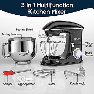 HOWORK 8.5QT Stand Mixer, 660W 6+P Speed Tilt-Head, Electric Kitchen Mixer With Dishwasher-Safe Dough Hook, Beater, Wire Whip & Pouring Shield (8.5 QT, Black)