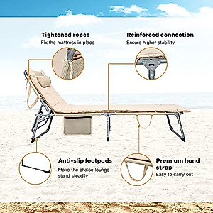 GYMAX Lounge Chair for Outside, 27” Oversize Beach Chaise Lounge with Removable Cushion & Adjustable Backrest, Headrest & Carry Strap, Tri-Fold Beach Layout Tanning Chair for Patio, Poolside(1, Beige)
