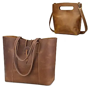 S-ZONE Vintage Genuine Leather Tote Bag for Women Large Shoulder Purse Handbag with Clutch Bag