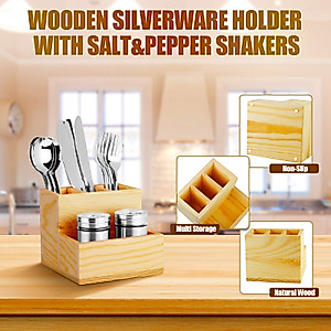 Wooden Silverware Holder,Countertop Silverware Organizer,Silverware Holder for Fork,Spoon,Knife,Condiment Shakers,4 Compartments Utensil Caddy for Farmhouse Kitchen Decor,Parties,Hotel