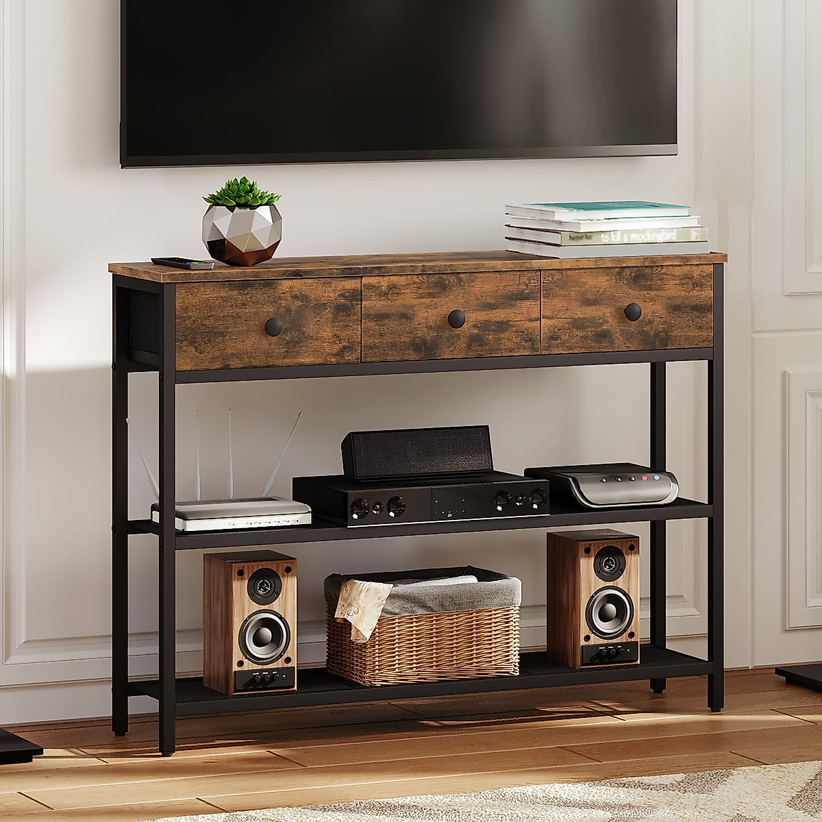 HOOBRO 39.4" Narrow Console Table with 3 Fabric Drawers, Small Entryway Table with 3-Tier Storage Shelves, Thin Sofa Table, Side Table, for Living Room, Hallway, Rustic Brown and Black BF82XG01